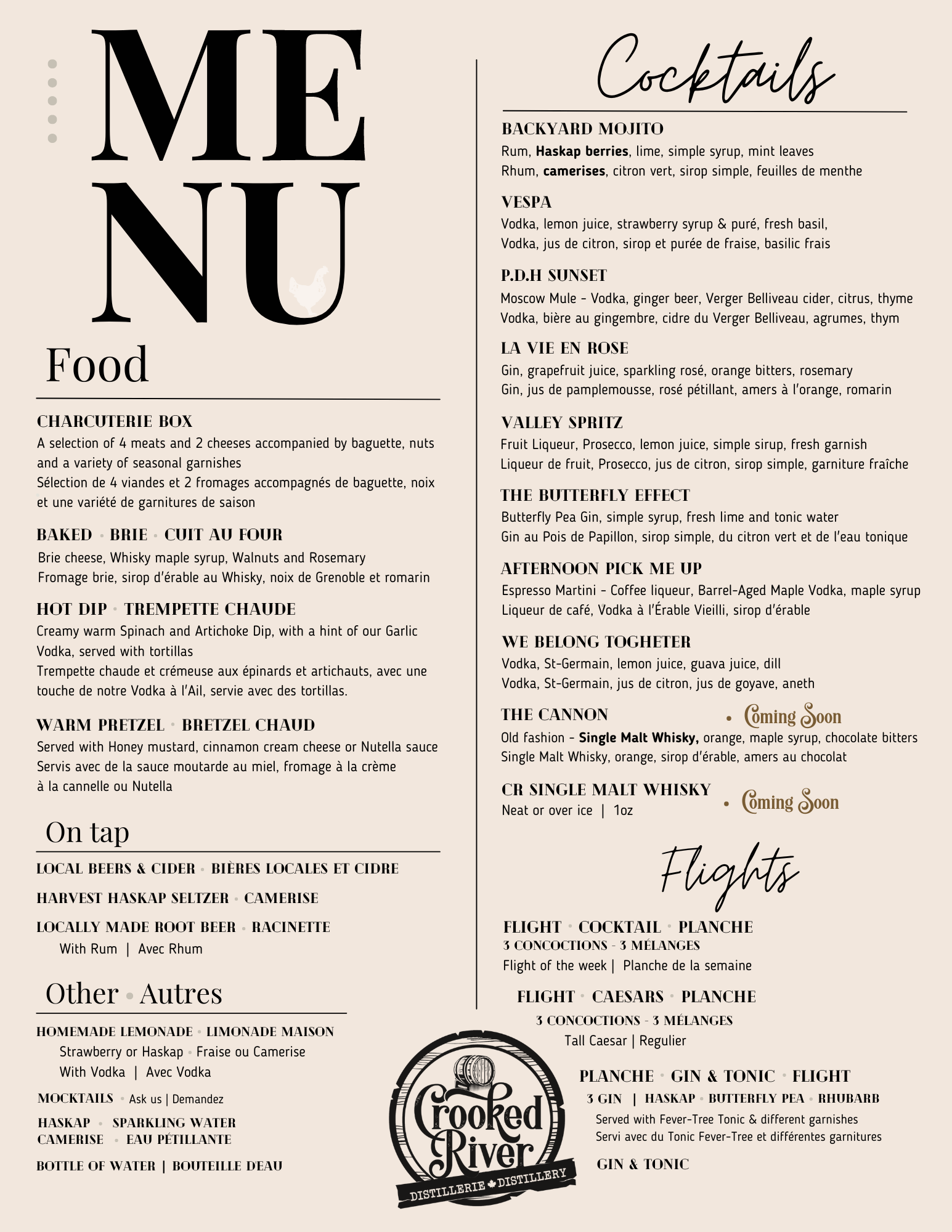 MENU | Crooked River Distillery | Distillerie - Memramcook NB